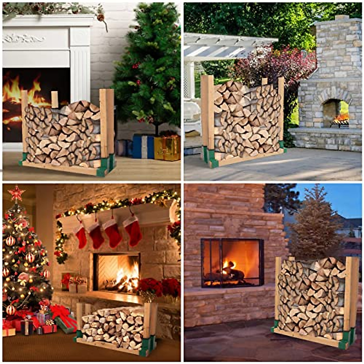 LARNORJE 2 x 2 inch Firewood Log Rack Bracket Kit - 2 Pack Log Storage Holder, Heavy Duty Steel Wood Stacker Adjustable Length for Outdoor Indoor Patio Deck, with Seal Strip, Gloves and Screws, Green