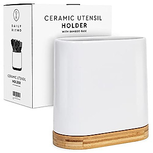DAILY RITMO Large Kitchen Utensil Holder for Countertop with Bamboo Wooden Base | Minimalistic Cooking Utensils | Farmhouse White Ceramic Tool Spatula Crock | Cylindrical Oval Shape