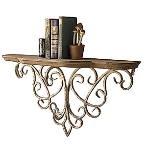 Decorative Wall Shelf with Vintage Style Rustic Bracket with Filigree Detail and Distressed Paint Finish