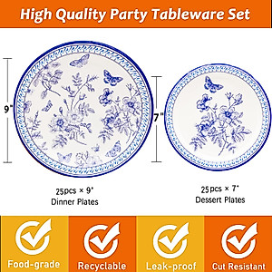 HSPAIDYP 50Pcs Floral Blue & White Flower Party Supplies Blue and White Paper Plates Set 9" Floral Plates 7" Blue White Floral Plates for Bridal Shower Wedding Tea Party Floral Party Decor