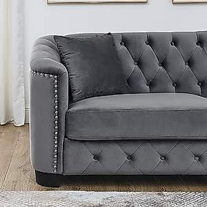 EMKK 77" Chesterfield Velvet Sofa, 3-Seater Upholstered Couches Tufted Backrests with Nailhead Arms and 2 Cushions for Living Room, Bedroom, Apartment, Office, G-Grey