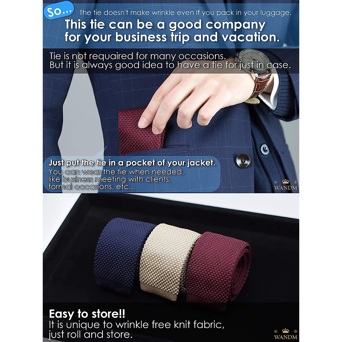 WANDM Men's Knit Tie Slim Skinny Square Necktie Width 2.2 inches Washable Solid Color Black