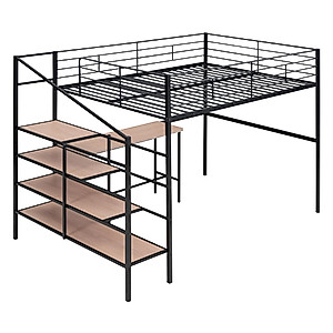 FANYHOME Full Size Metal Loft Bed with Desk and Metal Grid, Stylish Metal Frame Bed with Lateral Storage Ladder and Wardrobe loft Bed Twin Size with Desk (Black)