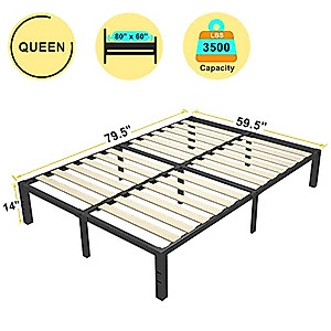 ROIL 14 inch Queen Size Bed Frame with Wood Slats - 3500lbs Heavy Duty No Box Spring Needed Platform, Mattress Stoppers Double Metal Noise Free Bedframe with Headboard Hole Underneath Storage
