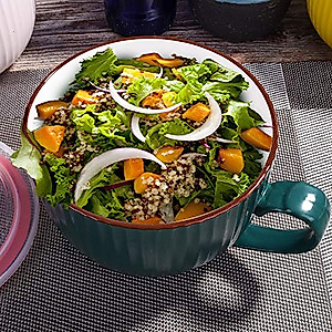 BOSILI Ceramic Bowl with Lid & Handle, 24 OZ Porcelain Soup Noodle Bowl with Lid, Microwave for Instant Noodle Sara, Cereal Bowl(Green)