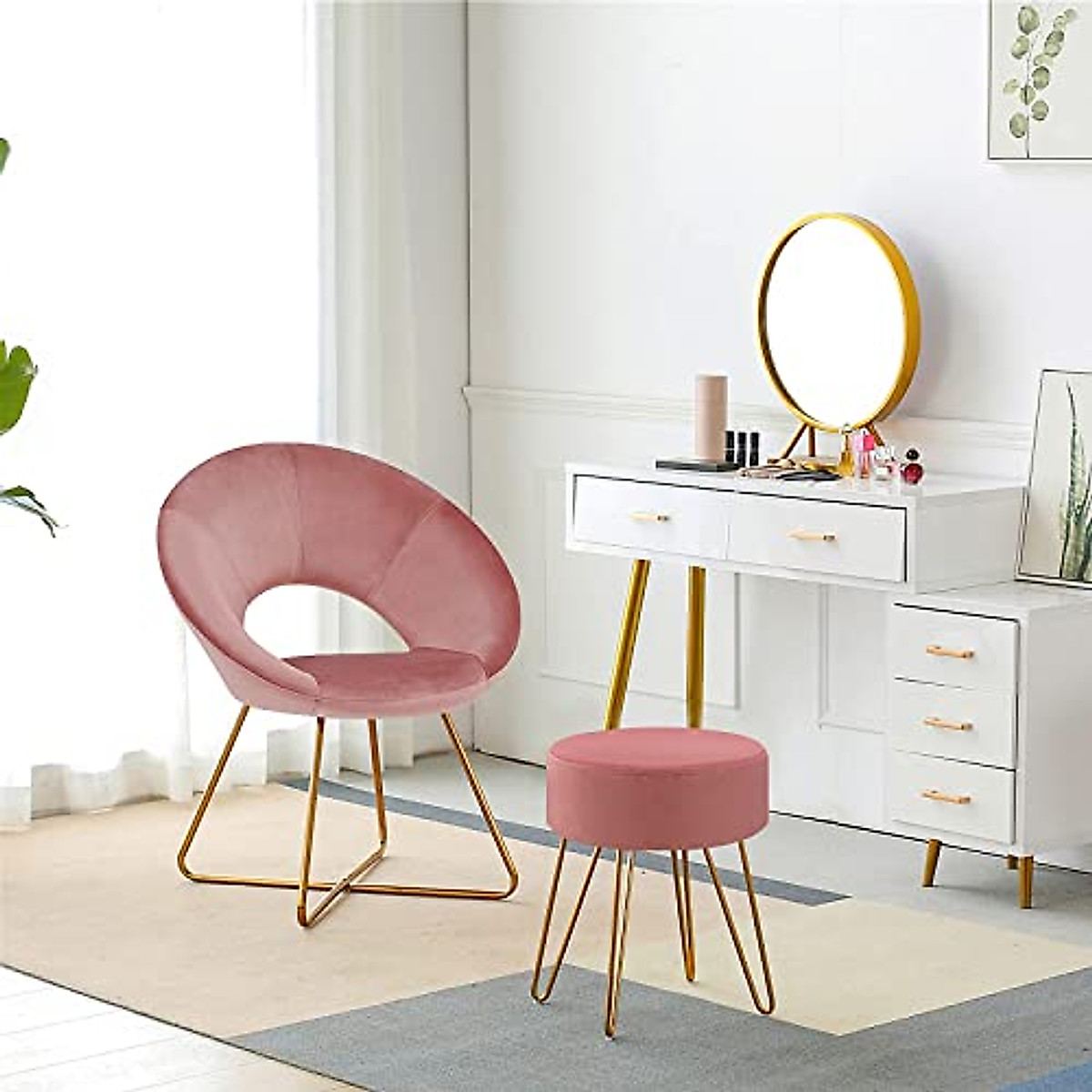 Duhome Modern Accent Velvet Chairs Dining Chairs Single Sofa Comfy Upholstered Arm Chair Living Room Furniture Mid-Century Leisure Lounge Chairs with Golden Metal Frame Legs 1 PCS Pink