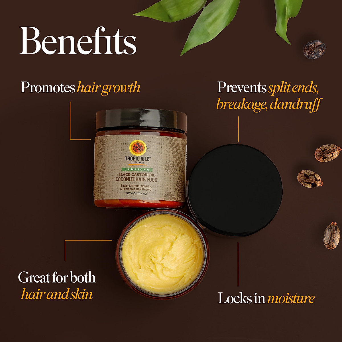 Jamaican Black Castor Oil Coconut Hair Food 4 oz | Seals, Softens, Defines & Promotes Hair Growth | Traditional Handmade Jamaican Black Castor Oil & Coconut |