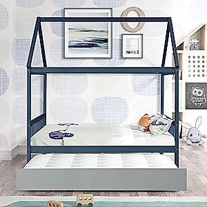 HAUSHECK Toddlers Montessori Bed with Trundle, Full Size Montessori Bed Frame with Headboard & Footboard, House Bed Fun Playhouse for Kids Boys & Grils, No Box Spring Needed, Wooden Slatted Support