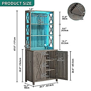 YITAHOME Bar Cabinets with LED Light, Coffee Bar Liquor Cabinet with Glass Holder, Tall Buffet Wine Cabinet with Storage for Kitchen, Dining Room, Rustic Grey Wash