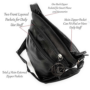 MariaKinz Soft Leather 4 Zipper Pockets Crossbody Purse and Handbag (Brown)