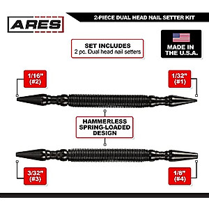 ARES 10013 – 2-Piece Dual Head Nail Setter Kit – Features 1/32-Inch (#1), 1/16-Inch (#2), 3/32-Inch (#3), and 1/8-Inch (#4) Dual Head Designs – CNC-Precision Machined – 5000 PSI Striking Force