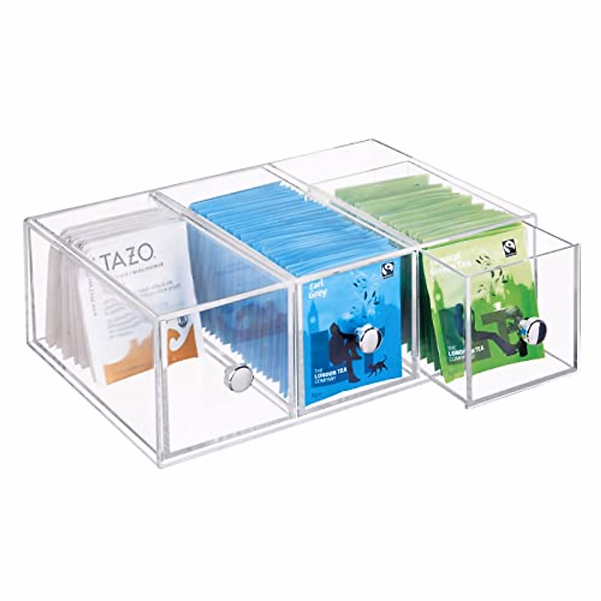 mDesign Plastic Kitchen Pantry Stackable Storage Organizer Container Station with 3 Drawers for Cabinet, Countertop, Holds Coffee, Tea, Sugar Packets, Creamers - Lumiere Collection - 2 Pack - Clear