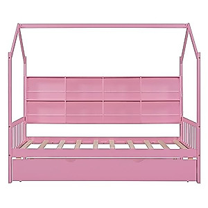 GOWE Wooden Twin Size House Bed with Trundle,Kids Bed with Shelf,Pink