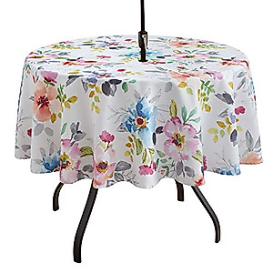 Benson Mills Spillproof Floral Spring/Summer Fabric Outdoor Tablecloth with Umbrella Hole, Zippered Table Cloth for Round Tables, Picnic/Patio (Harper, 70" Round with Umbrella Hole)