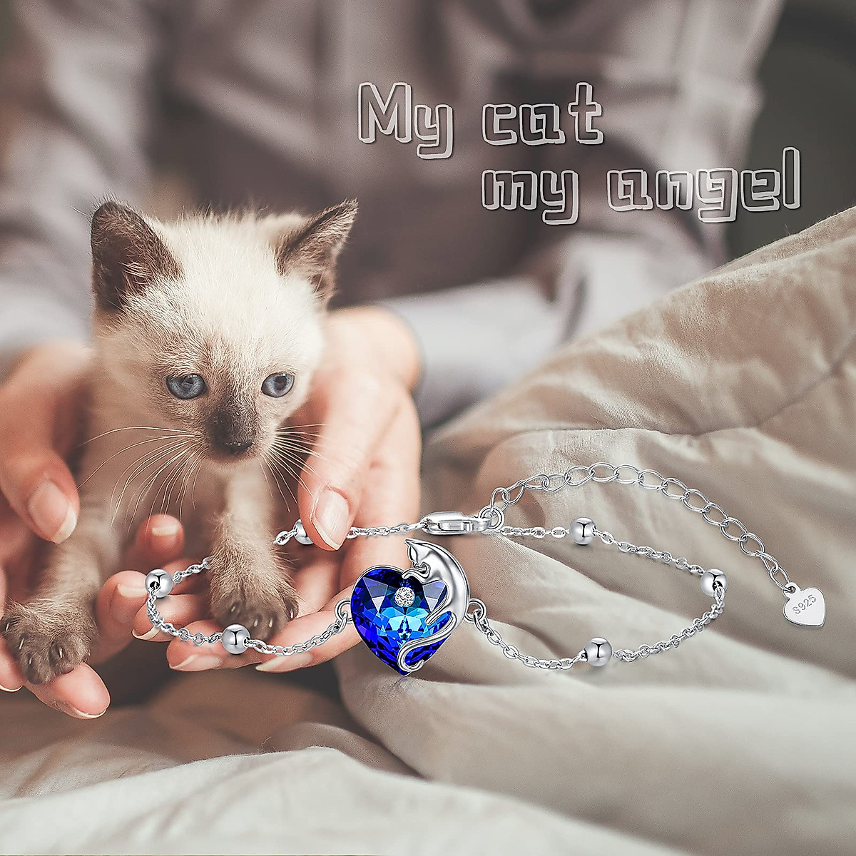 AOBOCO Cat Bracelet for Women Sterling Silver Cute Cat Jewelry with Blue Sapphire Heart Crystal from Austria, Cat Jewelry Gifts for Women Cat Lovers