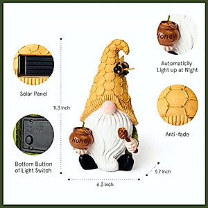 LA JOLIE MUSE Garden Gnomes Statue -11.3'' Resin Summer Bee Gnome Figurine Holding Honey Jar with Solar LED Lights, Outdoor Decoration for Patio Yard Lawn Porch, Ornament