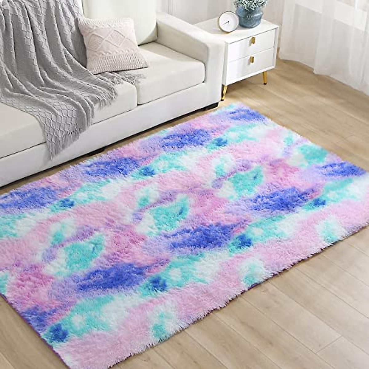 FGCOGOD Fluffy Soft Shag Rug for Bedroom, 3 x 5 Feet Kids Rugs for Bedroom Girls, Shaggy Tie Dyed Purple Blue Carpet for Living Room, Colorful Non-Slip Area Rug, Children Playroom Nursery Rug