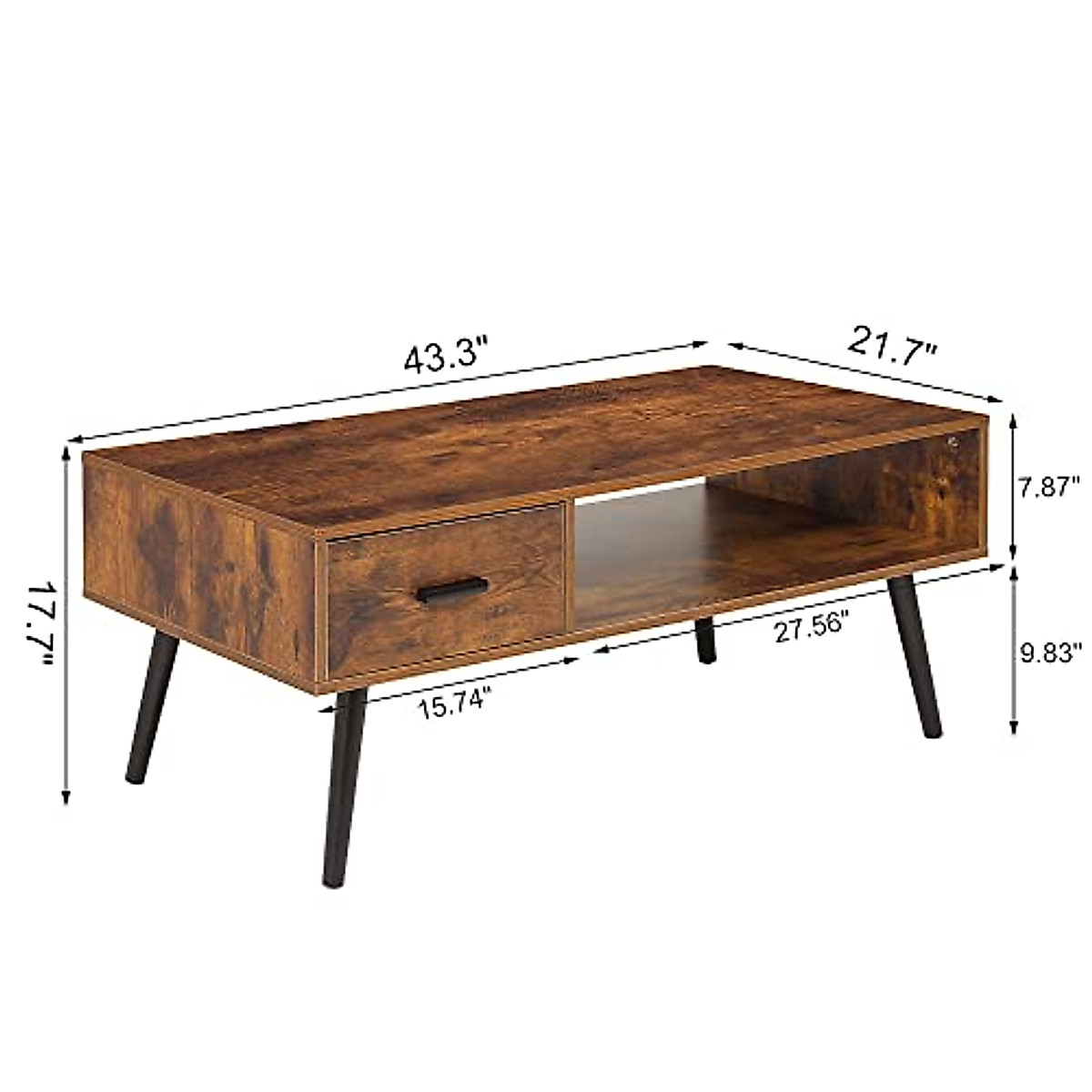 Iwell Mid Century Coffee Table with Drawer and Storage Shelf for Living Room, Wood Cocktail Table, Accent TV Table for Reception Room/Office, Easy to Assemble, Rustic Brown