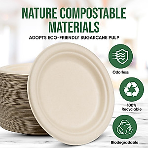 TaidMiao 7 Inch Paper Plates 100 Pack - 100% Compostable Disposable Plates, Heavy Duty Dessert Plates, Biodegradable Sugarcane Plates for Party (Microwavable, Oil/Water Proof, Eco-Friendly, Brown)