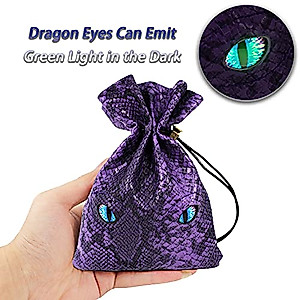 DND Dice Bag Can Cover 6 Dice Sets, Glow in The Dark Eyes D and D Dice Storage Pouch, Purple Dragon Leather Coins Bag for Fantasy Dragons and Dungeons Games Accessories, Drawstring Dice Pouch
