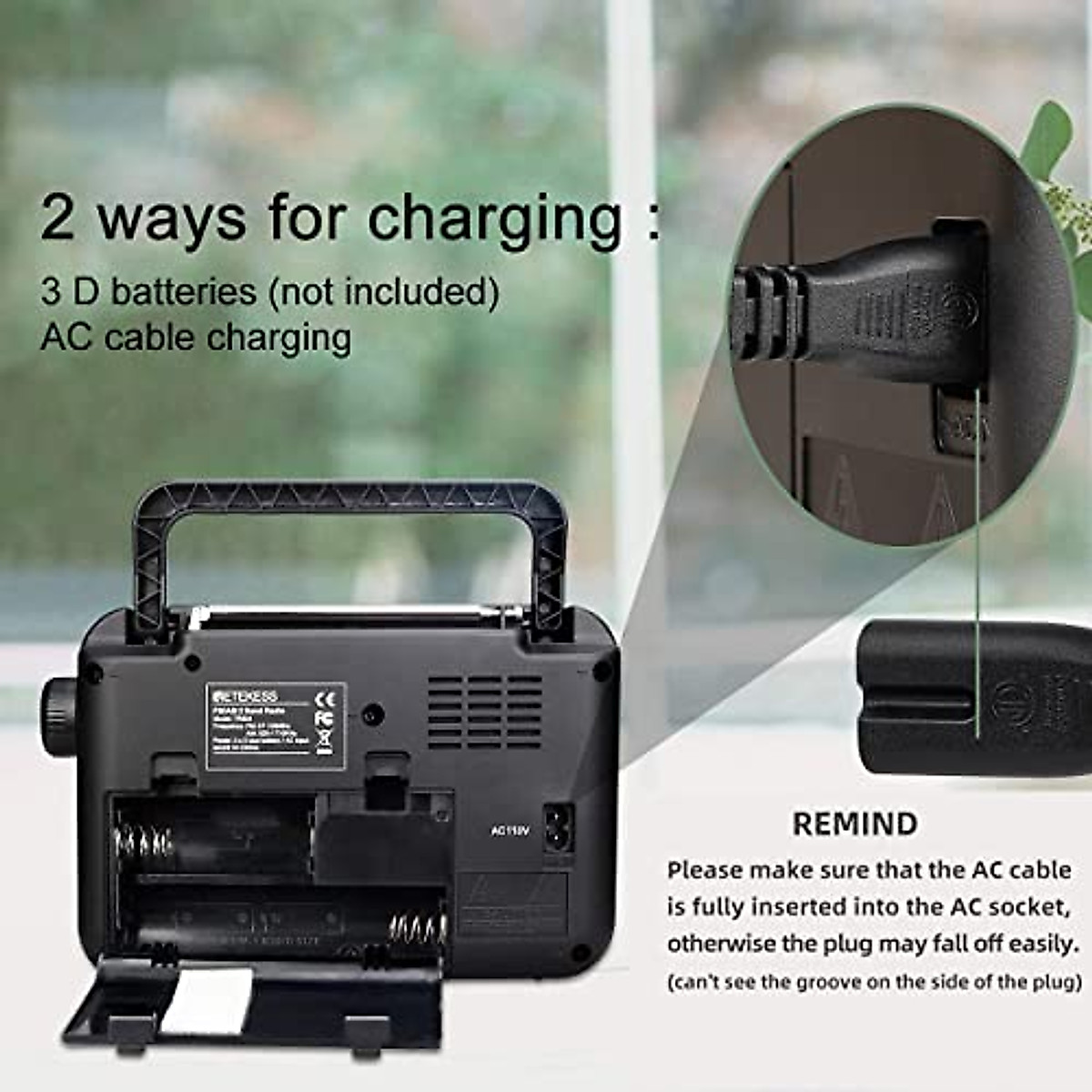 Retekess TR604 AM FM Radio Portable Transistor Analog Radio with 3.5mm Earphone Jack Battery Operated by 3 D Cell Batteries AC Power for Elders (Black)