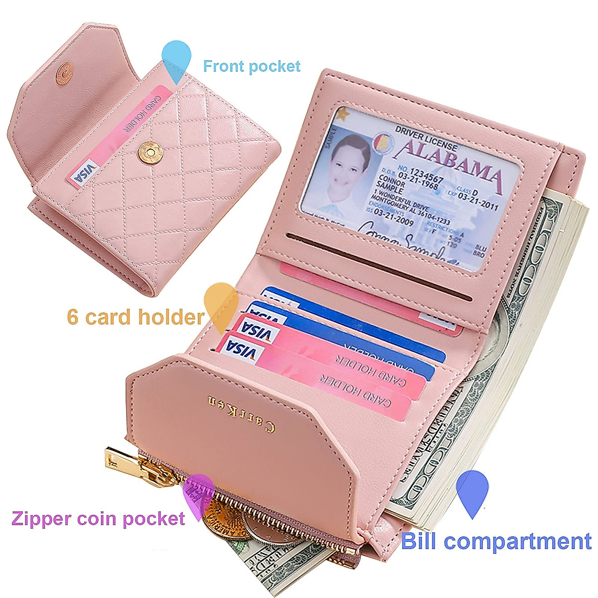SUMGOGO Small Wallet for Women Leather Card Holder Case Bifold Zipper Coin Pocket Purse