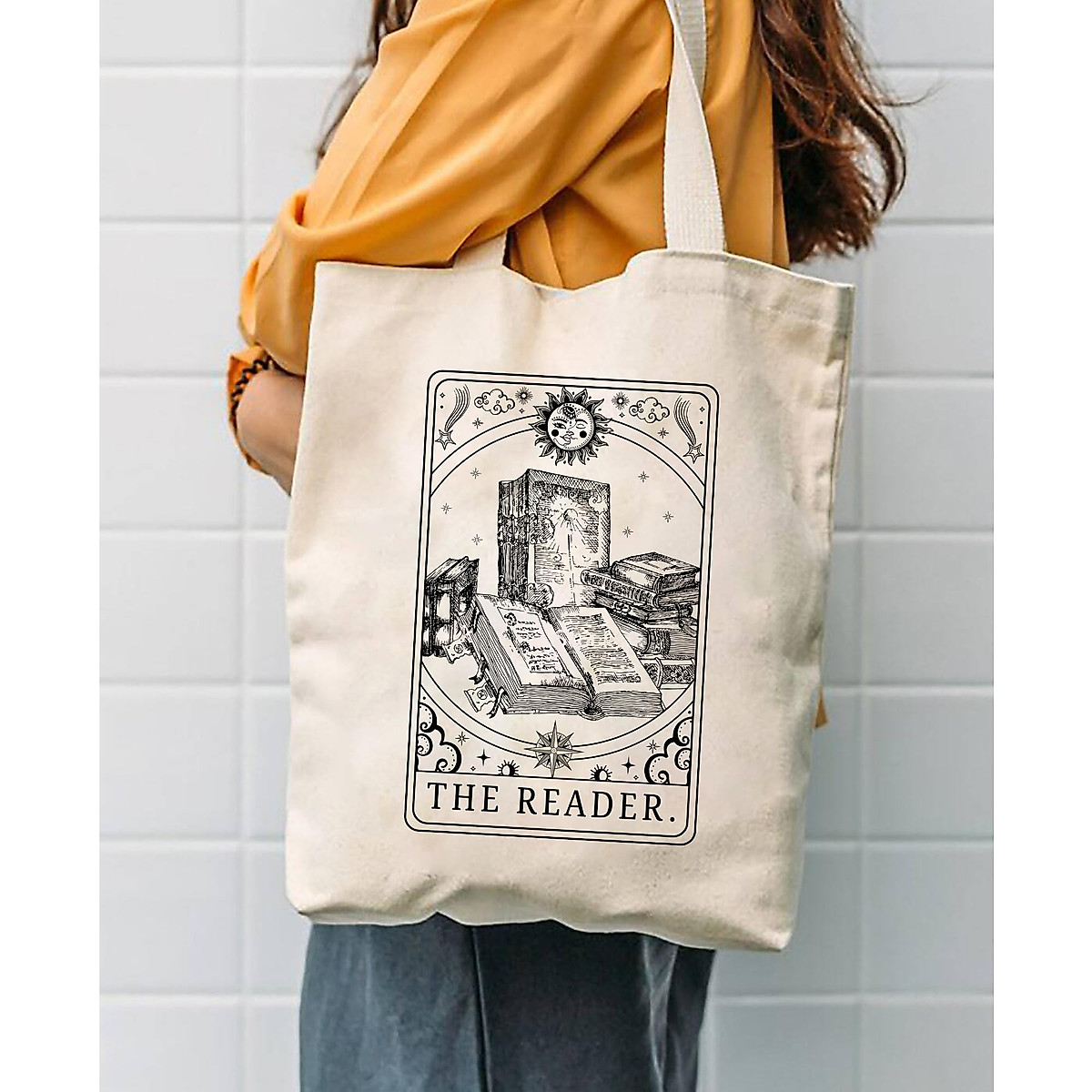 The Reader Tarot Card Tote Bag - Reading Bookish Cotton Tote Bag, Book Bag, Library Canvas Tote Bag (Natural)