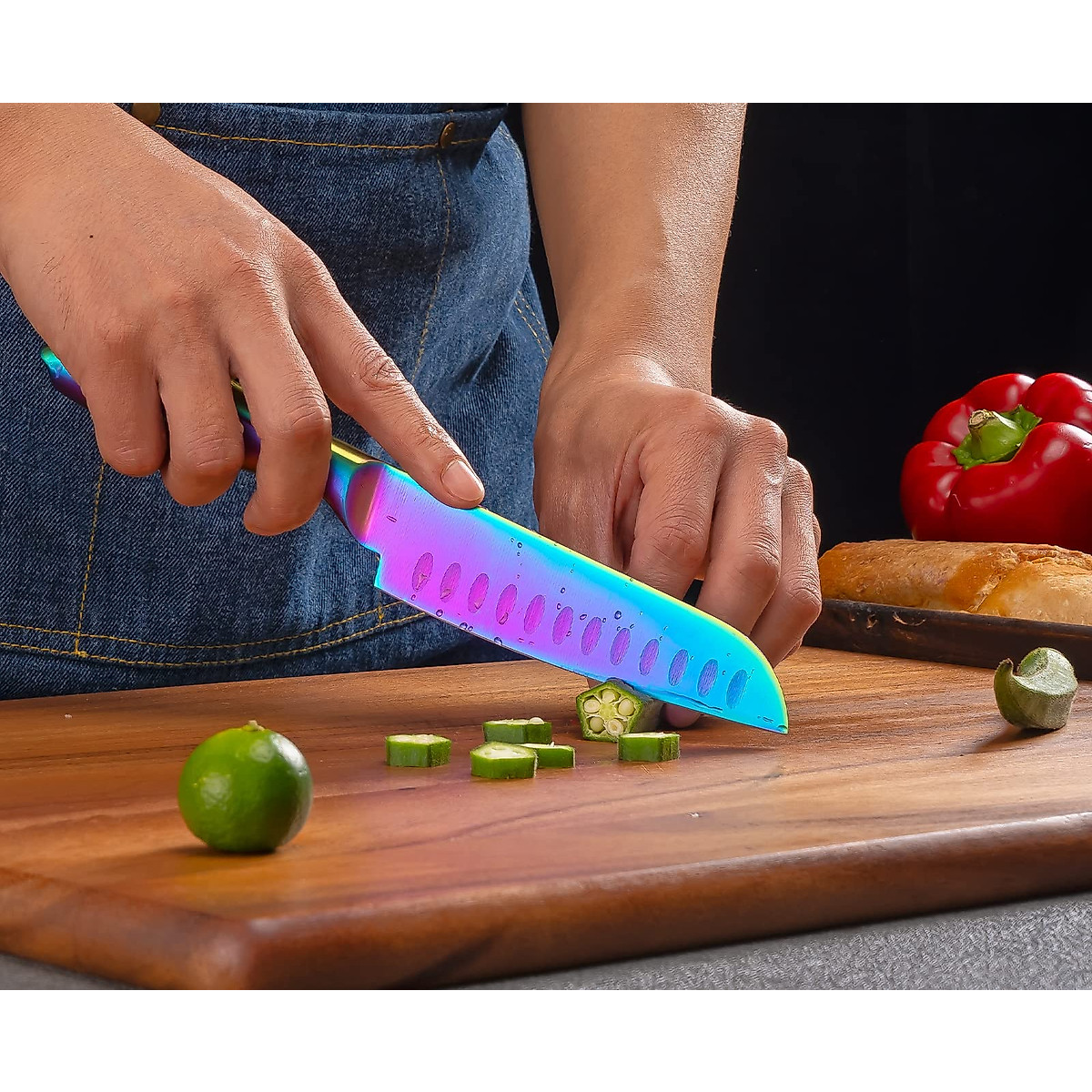 WELLSTAR Santoku Knife 5 Inch, Super Sharp German Steel Kitchen Cooking Knife with Comfortable Handle and Rainbow Coating for Slicing Dicing and Mincing of Meat Vegetables and Fruits for Small Hand