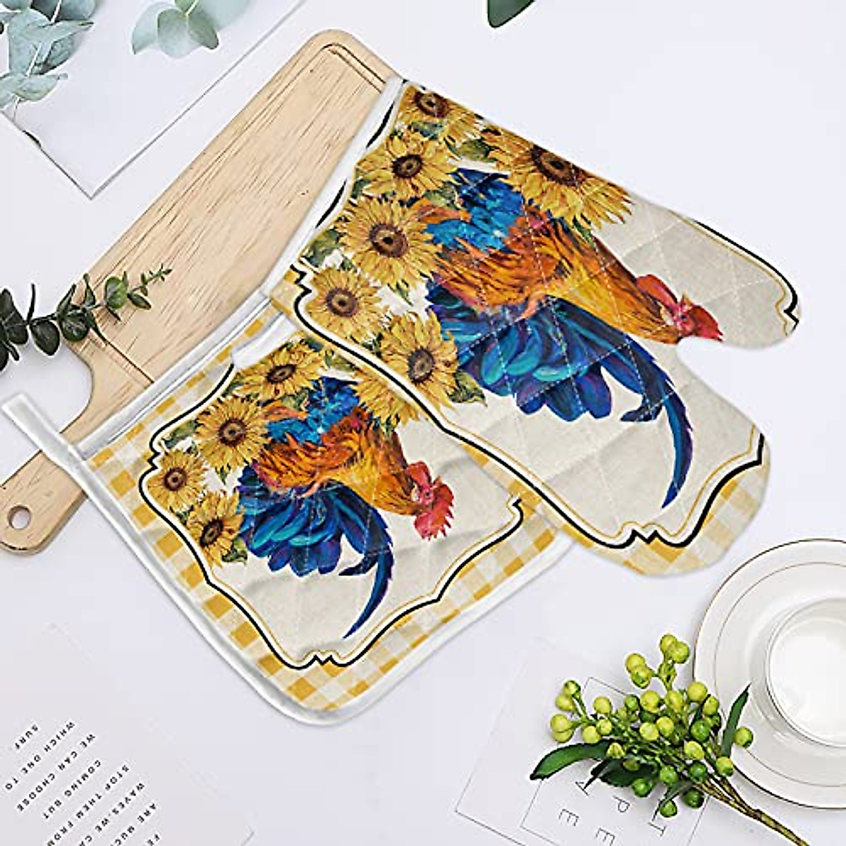 Oven Mitts Set Non-Slip Kitchen Gloves with Potholders Farm Country Rooster And Sunflower On Yellow Buffalo Plaid Super Insulated Mitt Set for Baking,Grilling,BBQ 2Pcs