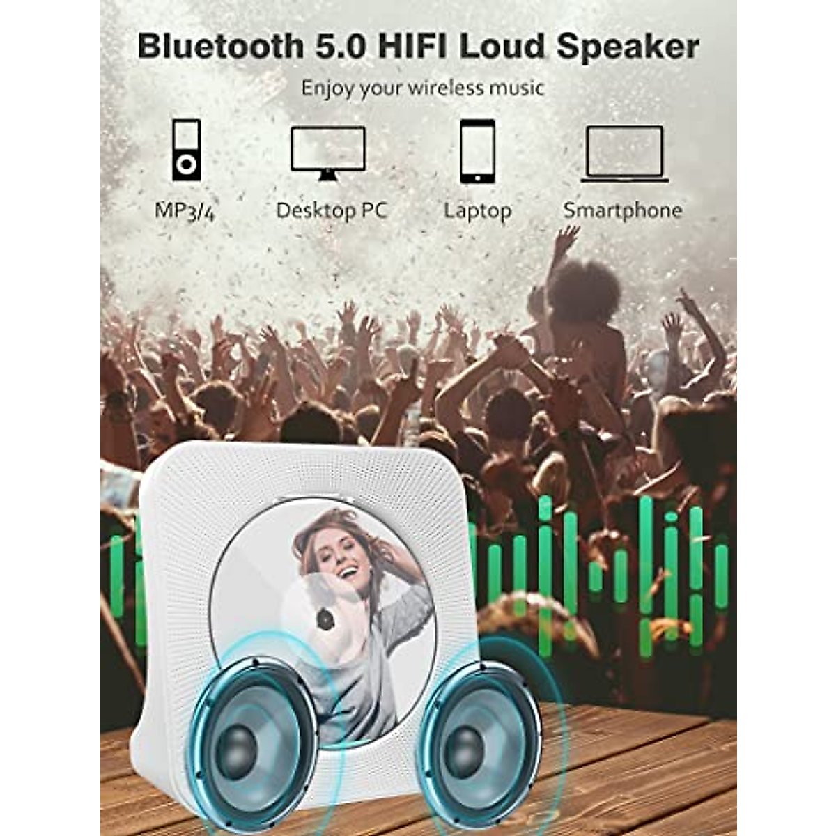 Portable CD Player with Bluetooth: 4000mAh Rechargeable Kpop Music Player with HiFi Speaker,Remote Control,LCD Display,Sleep Timer,Headphone Jack, Supports CD/Bluetooth/FM Radio/U-Disk/AUX