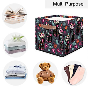 Storage Cube Bin Day Of The Dead Cats Halloween Flowers Large Storage Cube Basket 13×13In, Collapsible Storage Bin with Handles, Fabric Storage Box for Closet Shelves Nursery Toys Home Organization