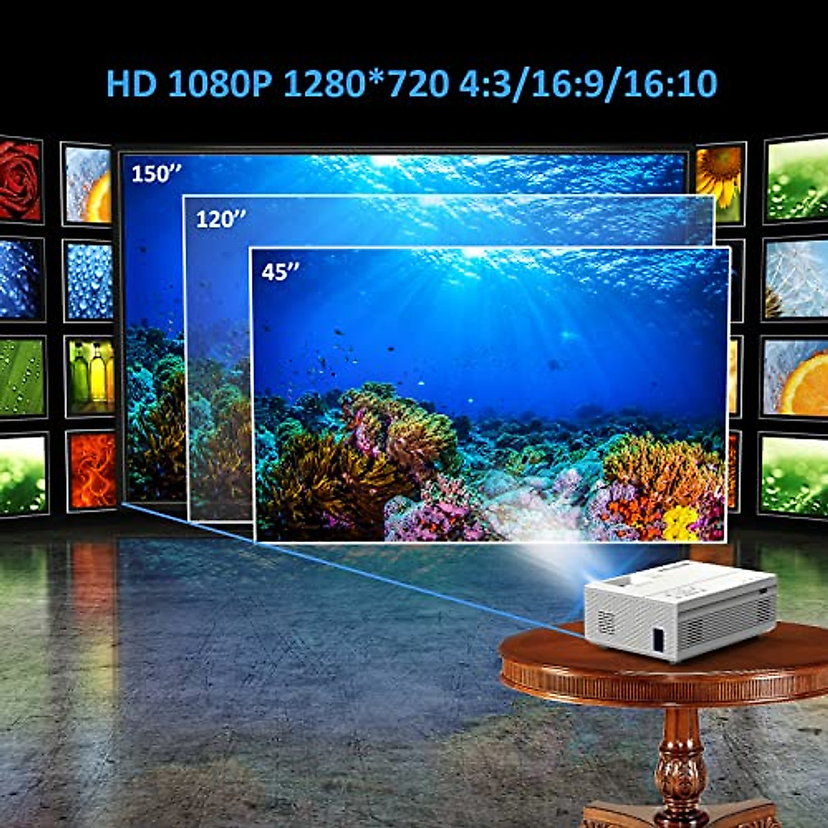 WiFi Mini Projector with Bluetooth - 2022 Upgraded 1080P HD Portable Outdoor Movie Projector, 8500L LED Home Theater Video Projector Compatible with TV Stick HDMI USB VGA, PS4, Laptop, Smartphone