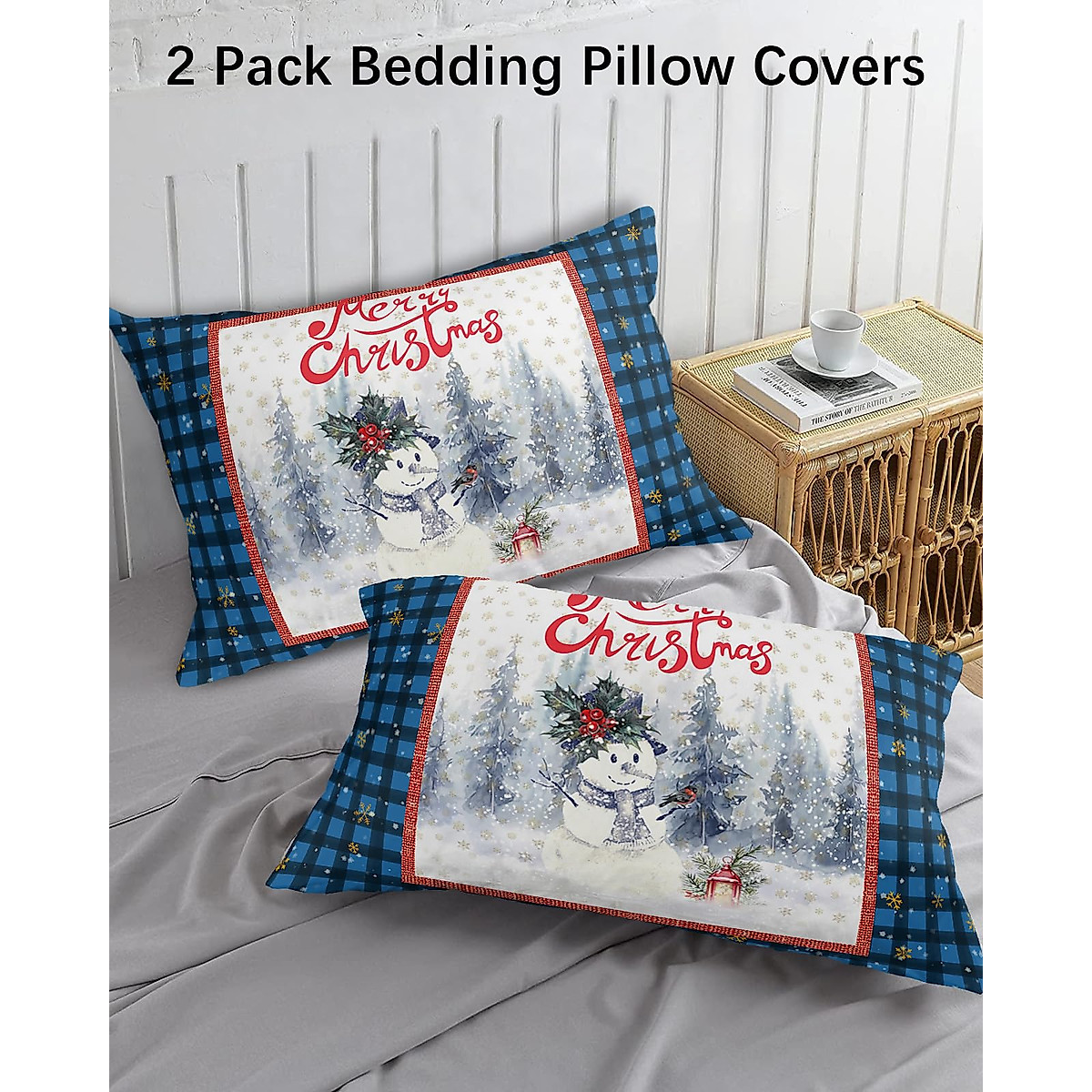 Christmas Plaid Snowman Pillow Covers King Standard Set of 2 20x36 Bed Pillow, Plush Soft Comfort for Hair/ Skin Cooling Pillowcases with Envelop Closure Throw Covers Buffalo Snowflake Snow Tree