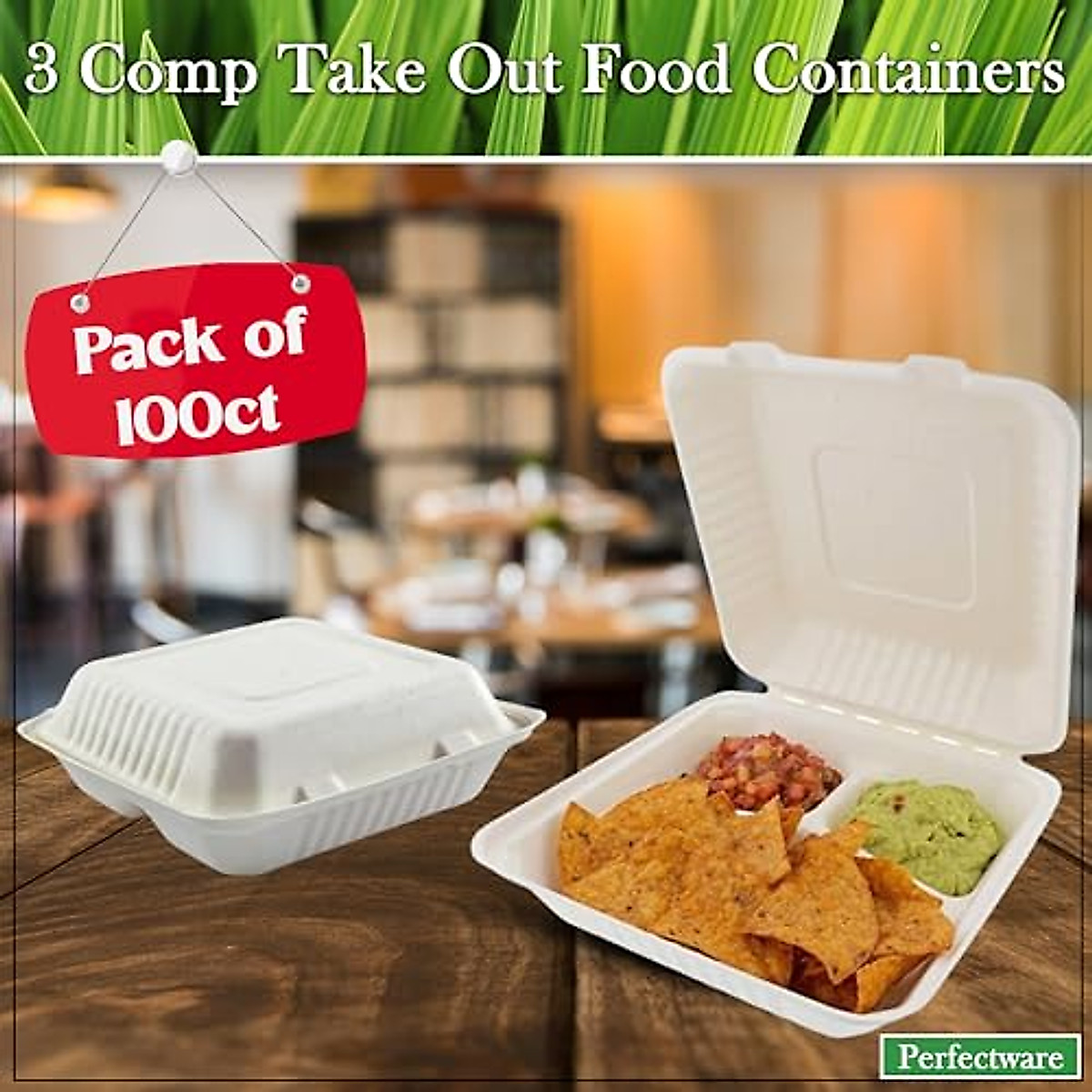 Perfectware 100% Compostable 3 Comp Take Out Food Containers 9x9x 3. 100 Containers, Natural Disposable Bagasse, Eco-Friendly Biodegradable Made of Sugar Cane