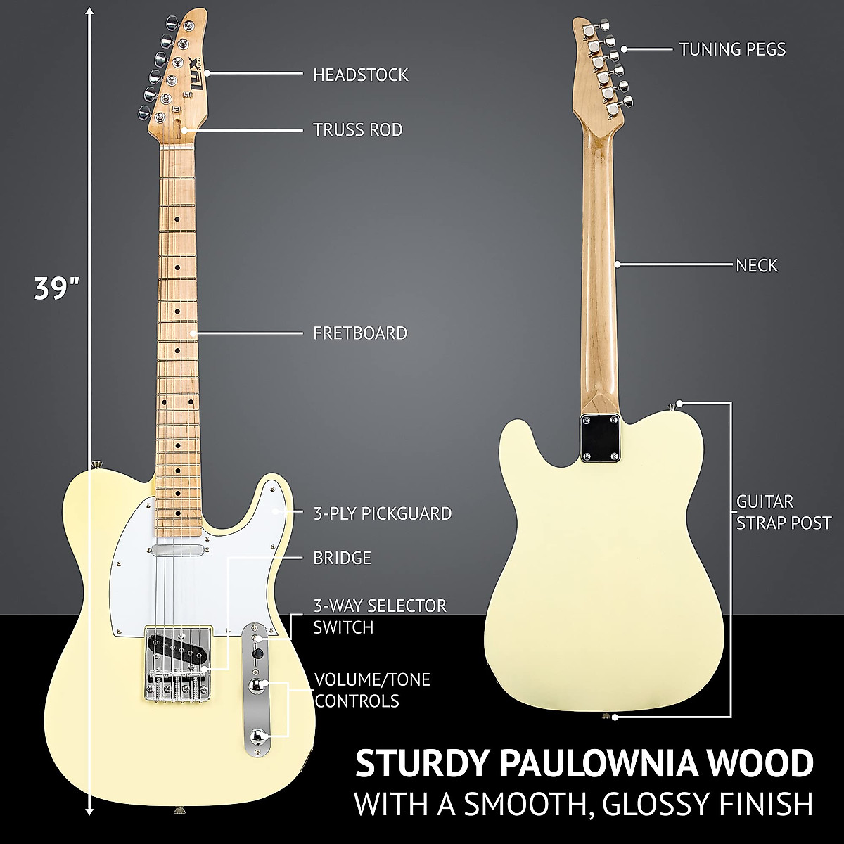 LyxPro 39” Electric Guitar TL Series, Full-Size Paulownia Wood Body, 3-Ply Pickguard, C-Shape Neck, Ashtray Bridge, Quality Gear Tuners, 3-Way Switch & Volume/Tone Controls, 2 Picks Included, White