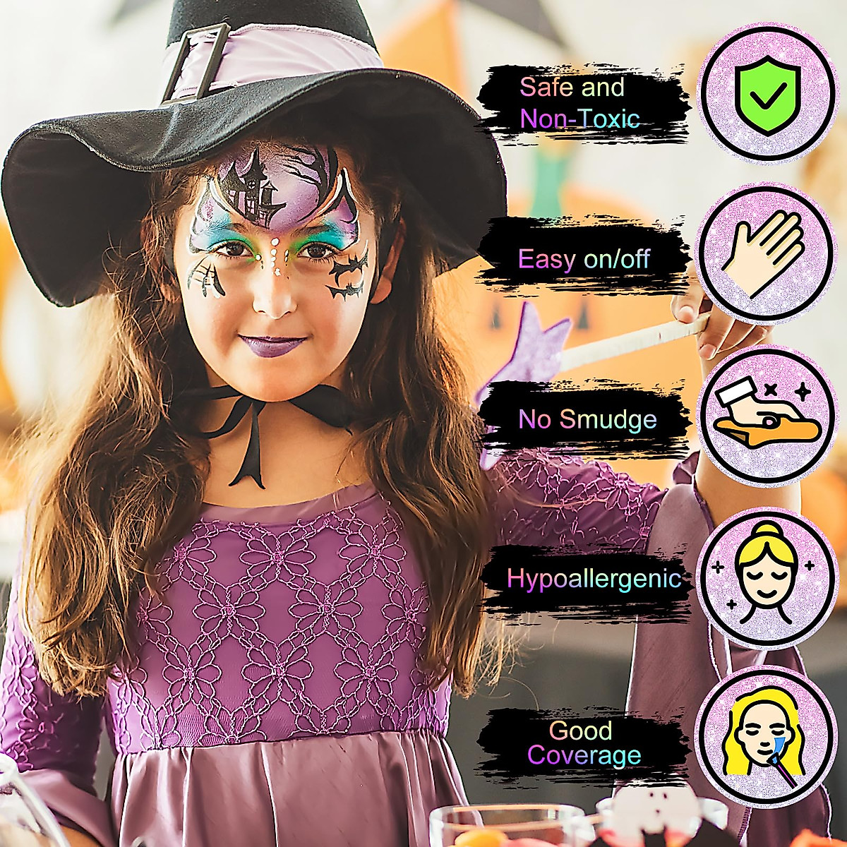 Fenmay Face Painting Kit for Kids, 24 Colors Washable Face Paint, Safe for Sensitive Skin, Non-Toxic Professional Face Painting Kit, Halloween Birthdays Makeup Set with Stencils, Guide Book