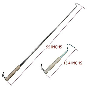 BOVONVON 55 inchs Collapsible Snake Hook,Non-Rotatable,Telescopic Rods Designed with 2 Grooves,Sturdy Stainless Steel Hook,Snake Tool Hook,Bigger Wooden Handle