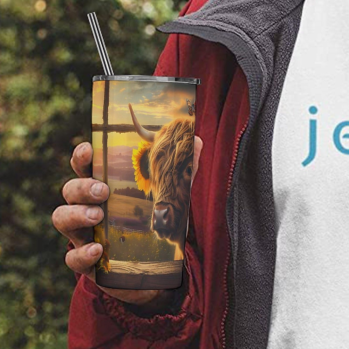 Highland Cow From Window Sunflower Sunset 20 Oz Tumbler with Straw Lid Insulated Travel Coffee Mug Large Capacity Car Cup
