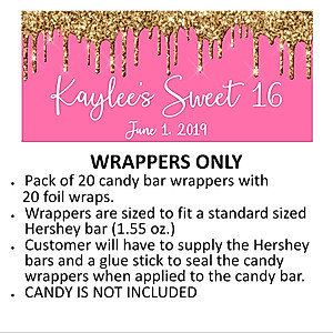 Glitter Drip Personalized Candy Bar Wrappers, Birthday Party Favors, Chocolate Bar Labels for Baby Shower, Bridal Shower, Pack of 20 (Gold/Pink)