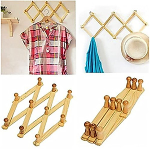 1 Wooden Expandable Coat Rack Hanger Wall Mounted Accordion Hook Hats Mugs Coats, Tan, Variable