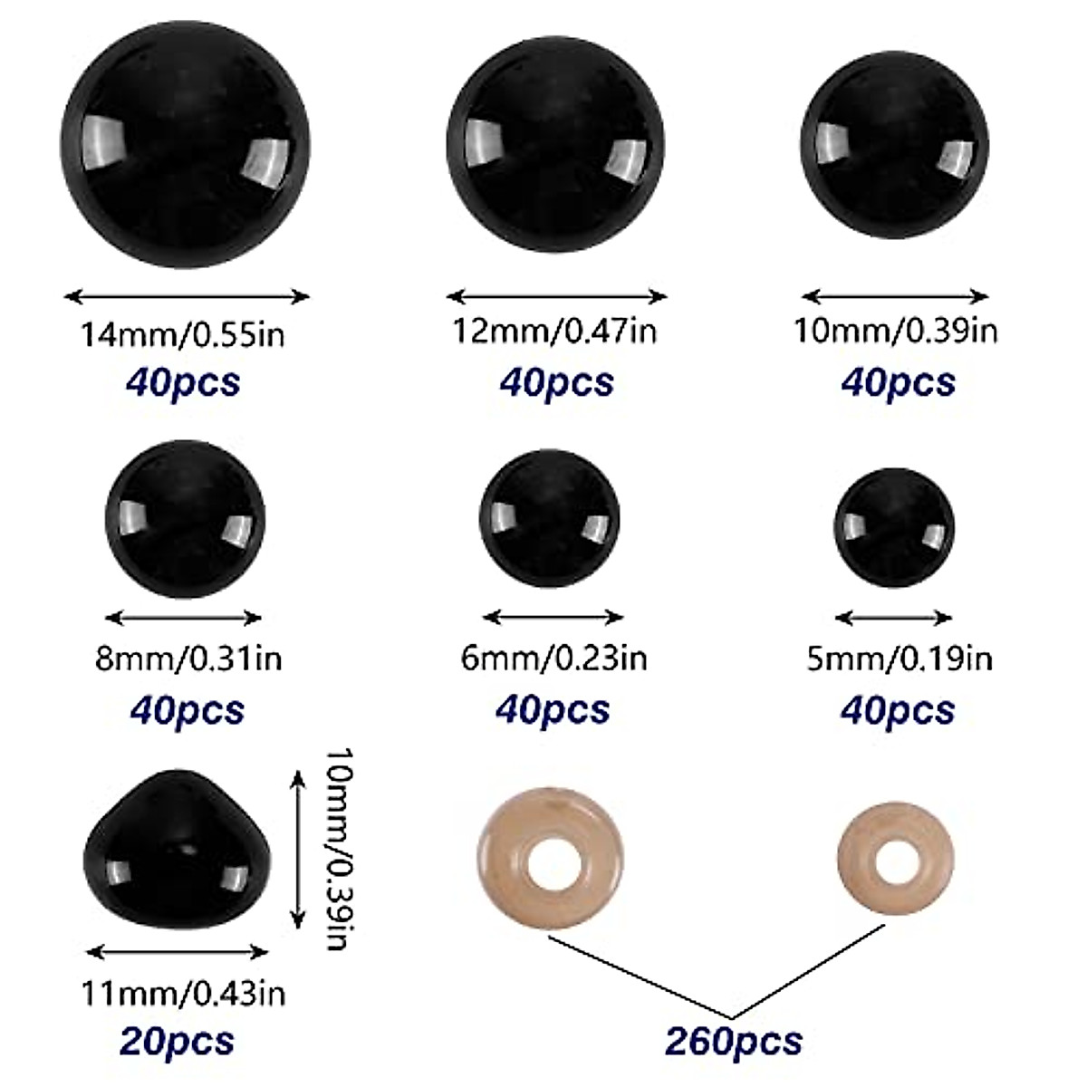 260pcs Plastic Safety Eyes and Noses with Washers, Craft Doll Eyes, Black Safety Eyes for Amigurumi, Puppet, Plush Animal and Teddy Bear