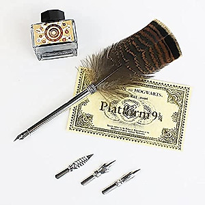 OPENDGO Antique Owl Feather Quill Pen and Ink Set Writing Quill Dip Calligraphy Pen Set for Beginners with 3 Nibs and Ink