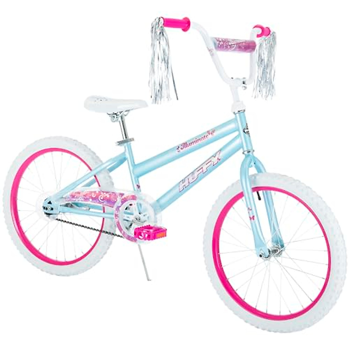 Huffy Illuminate 20” Girl’s Bike, Sky Blue Frame with Butterfly Graphics, Kickstand Included, Streamers and Chain Guard, White Tires and Pink Rims