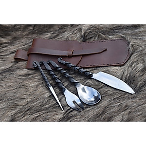 Viking Traders Hand Forged Twisted Medieval Eating Utensil Set | Functional Fork Knife Spoon And Food Stick | Medieval Eating Set, With Genuine Leather Carrying Pouch - Set 4