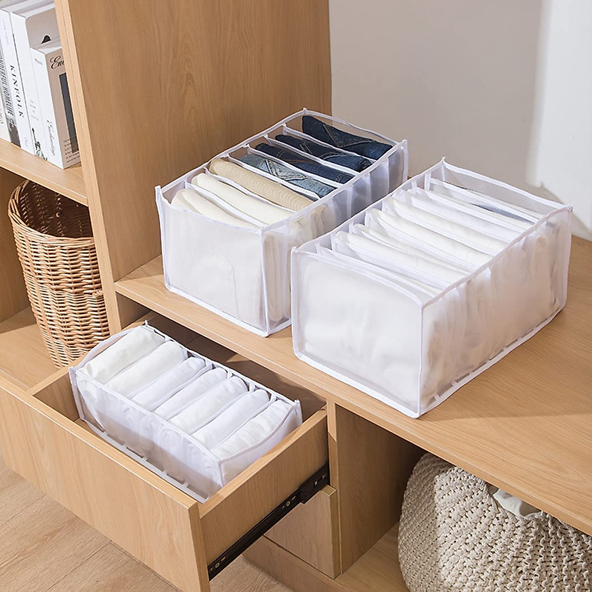 Wardrobe Clothes Organizer,AmasSmile 7 grids Washable Clear Mesh Closet Organizers and Storage Bins Drawer Dividers for Yoga Pants,Underwear, Scarves, Leggings, T-shirts(2PCS WHITE)