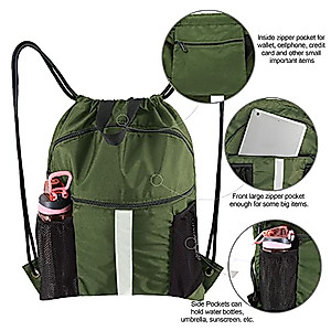 BeeGreen Army Green Drawstring Backpack with Shoe Compartment X-Large Gym Sports String Cinch Backpack Athletic Sackpack Mesh Water Bottle Holders for Women Men