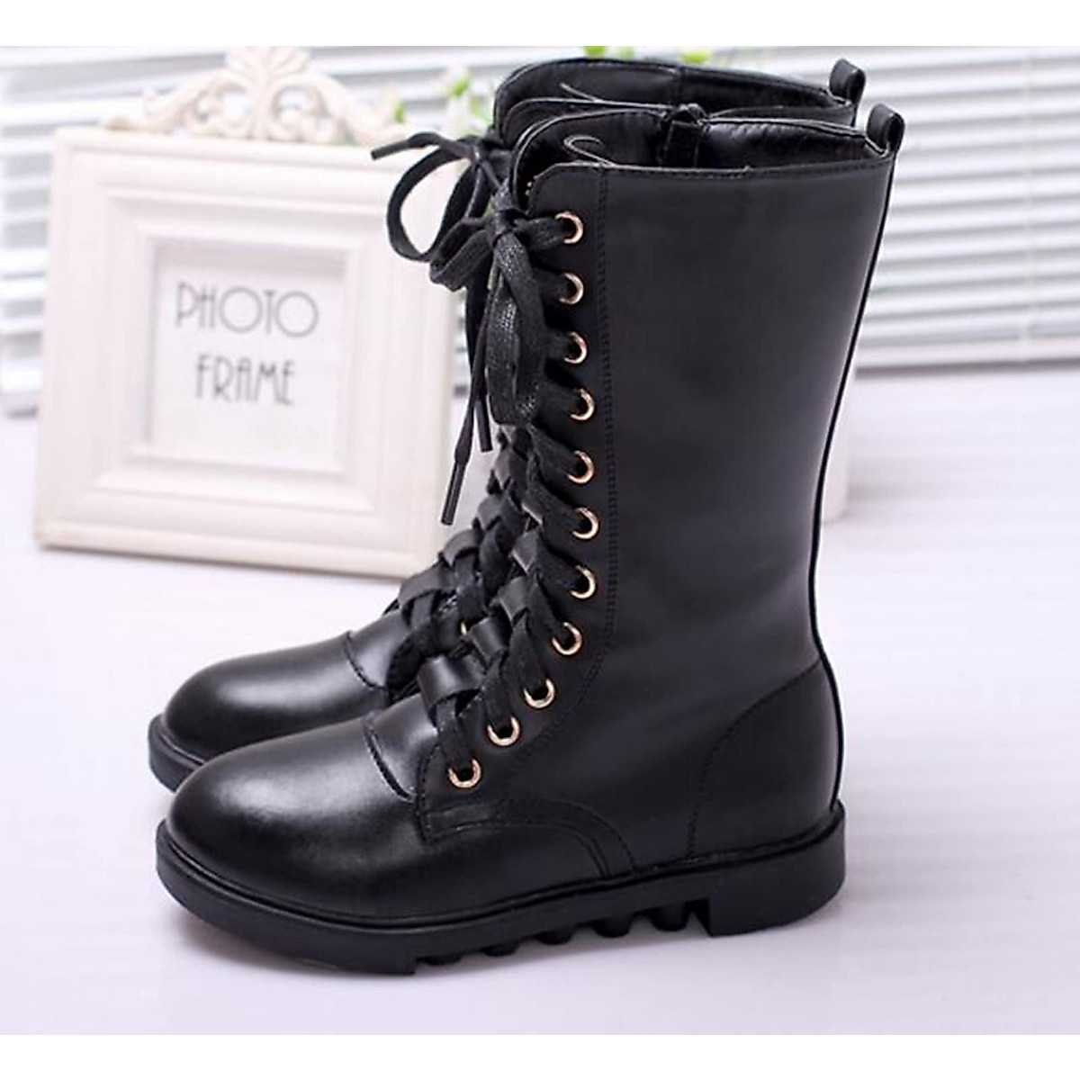 DADAWEN Kid's Girls Leather Lace-Up Zipper Mid Calf Combat Riding Winter Boots (Toddler/Little Kid/Big Kid) Black US Size 4.5 M Big Kid