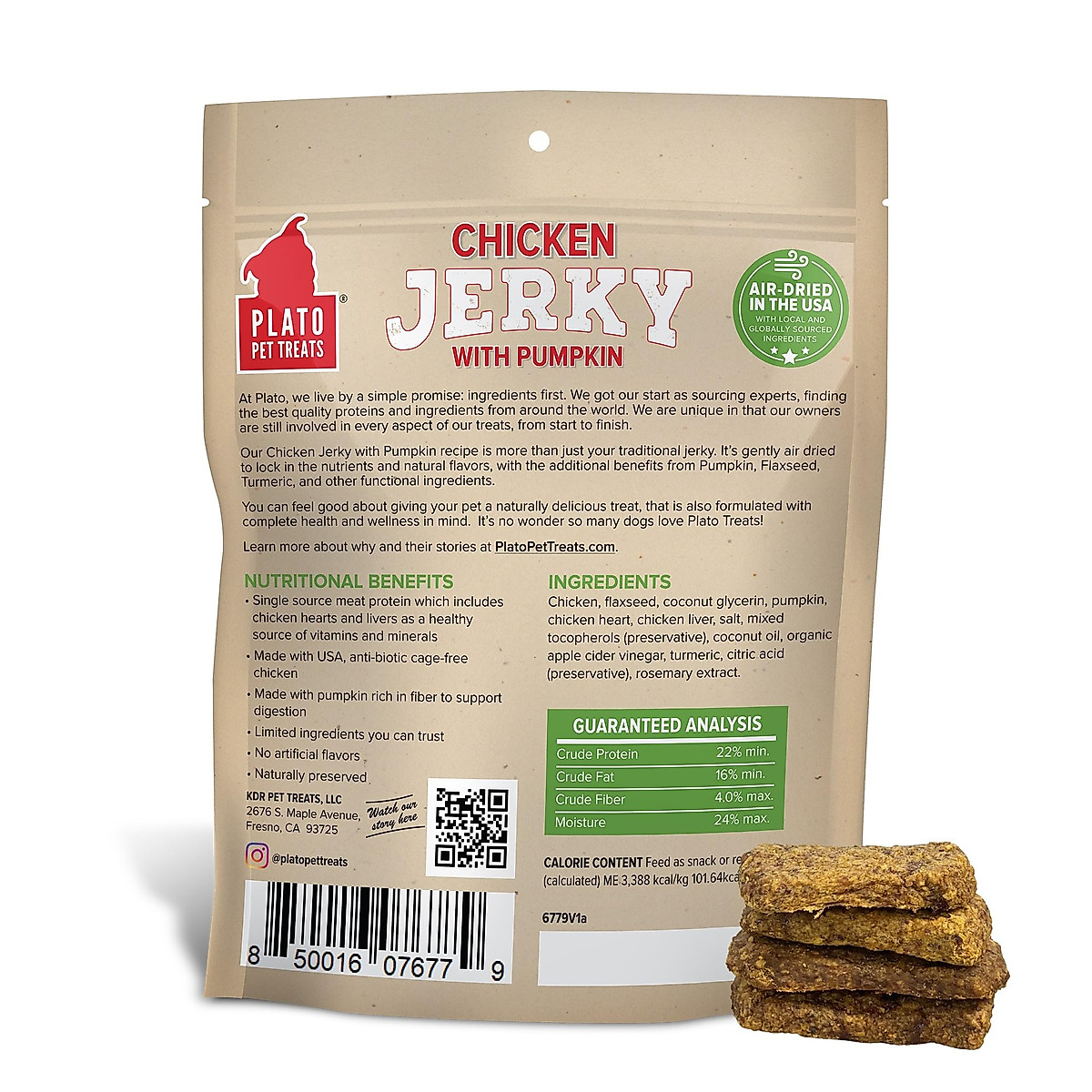 PLATO Pet Treats Air Dried, Real Meat, Chicken Jerky with Pumpkin Dog Treats, Made in The USA, Grain Free, 16oz