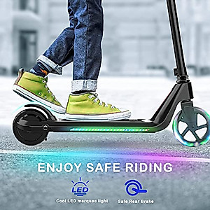 LINGTENG Electric Scooter for Kids Age of 6-10, Up to 6 mph and 80 min Ride Time, Kick-Start Boost Kids Scooter with Adjustable Speed and Height, Kids Scooter with Flash Wheel & Deck Lights（Black）
