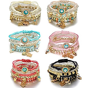 MILACOLATO Bohemian Bead Bracelets Set, Multilayer Evil Eye Stackable Bracelets, Comfort-Fit Stretch Bracelets for Women Girls, 6 Sets